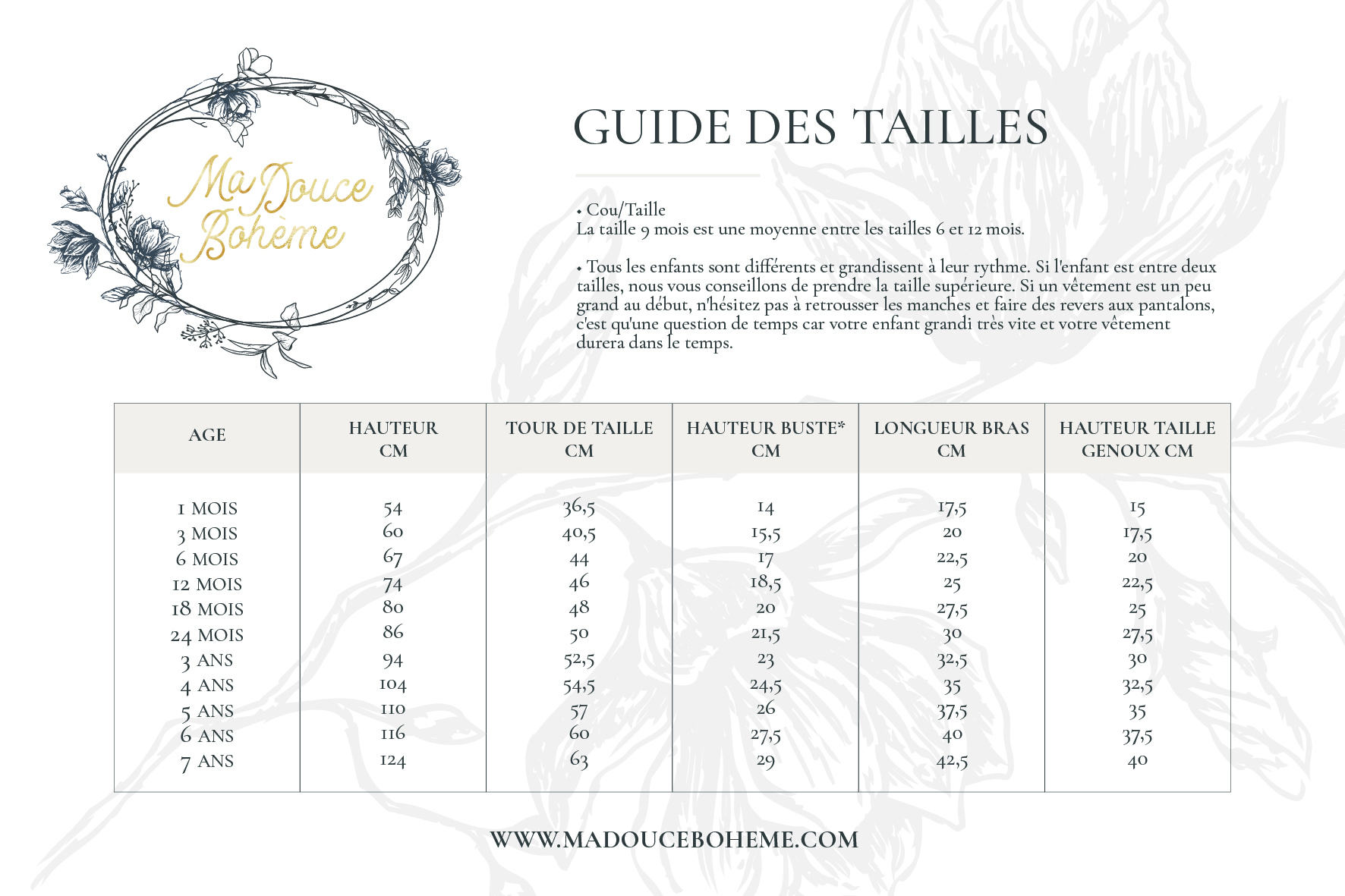 Guide des tailles & aides mesures - Ma douce bohème